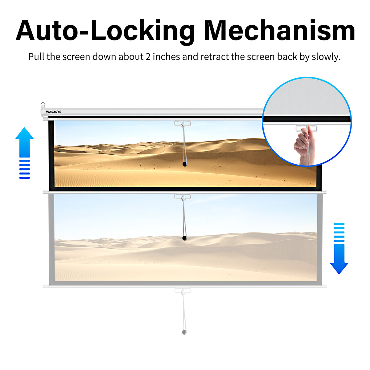 WASJOYE Manual Pull-Down Projector Screen with Auto-Locking